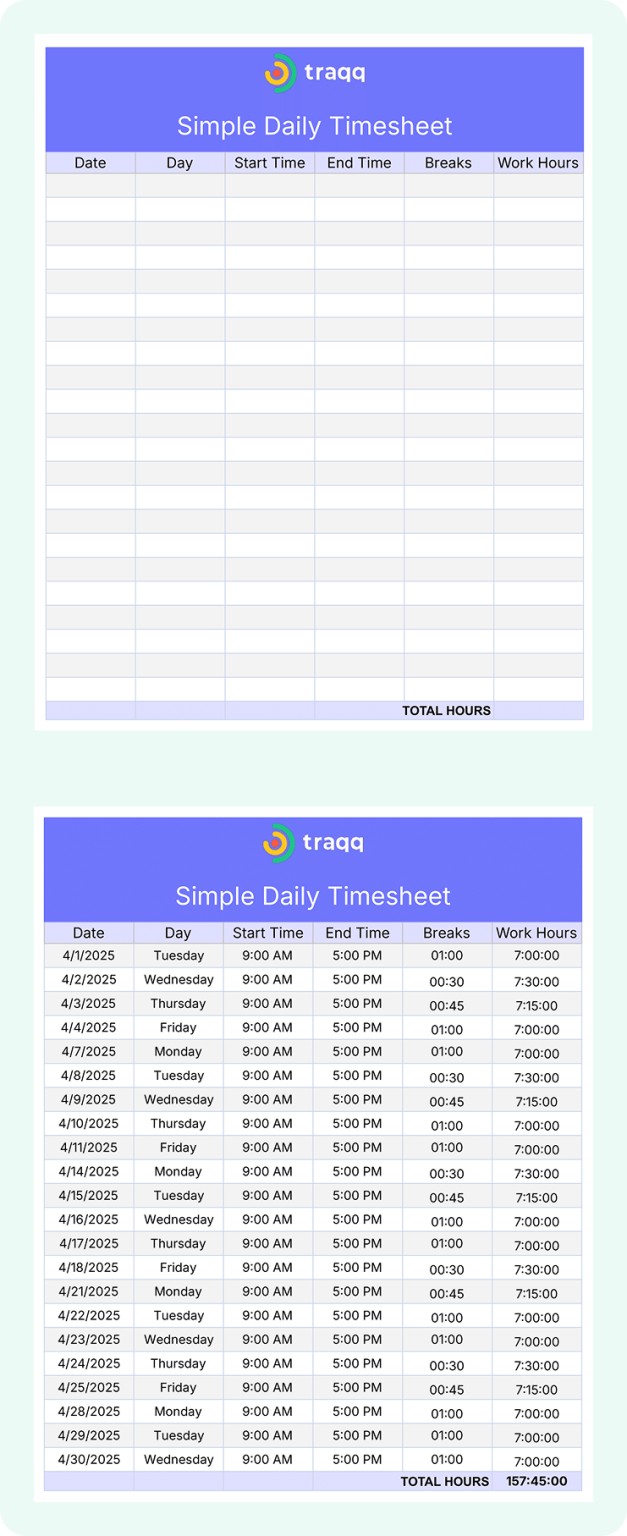 Free Printable and Downloadable Timesheet Templates | Traqq