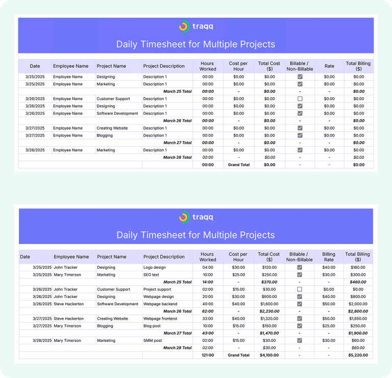 Free Printable and Downloadable Timesheet Templates | Traqq