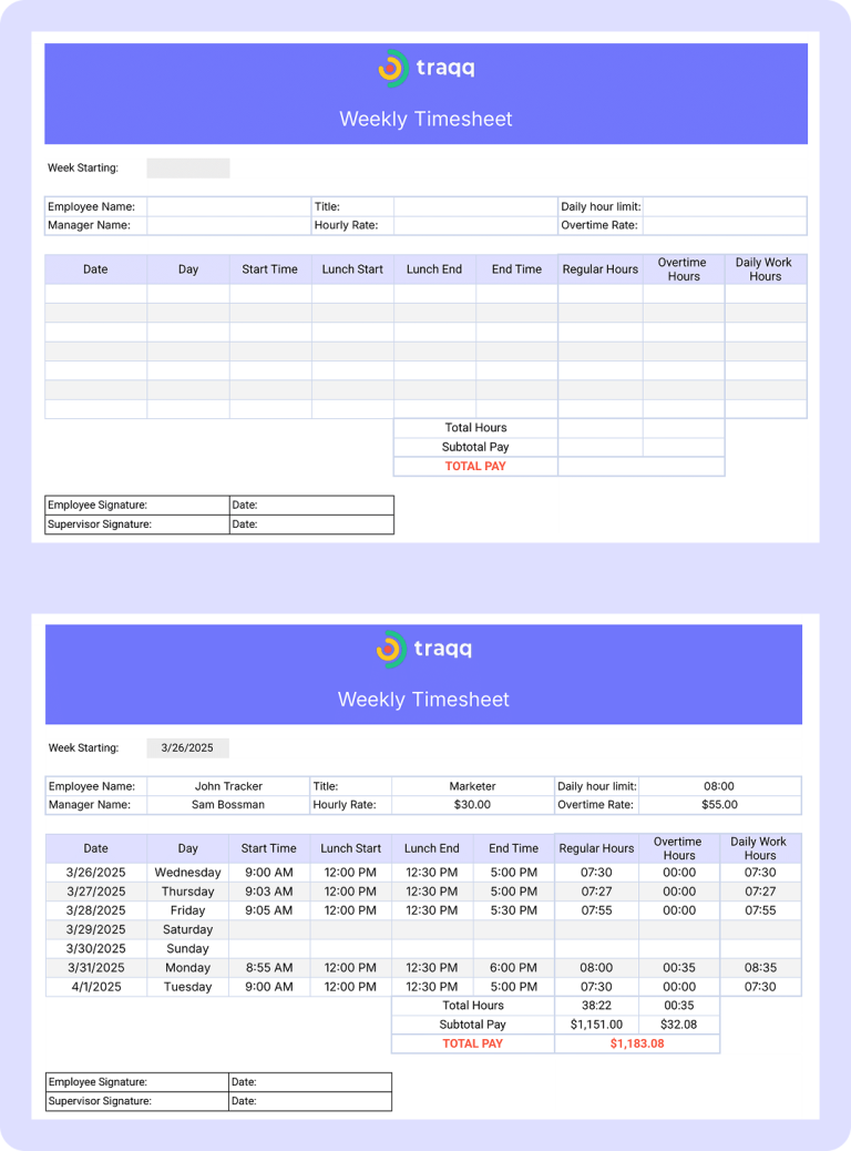 Free Printable and Downloadable Timesheet Templates | Traqq