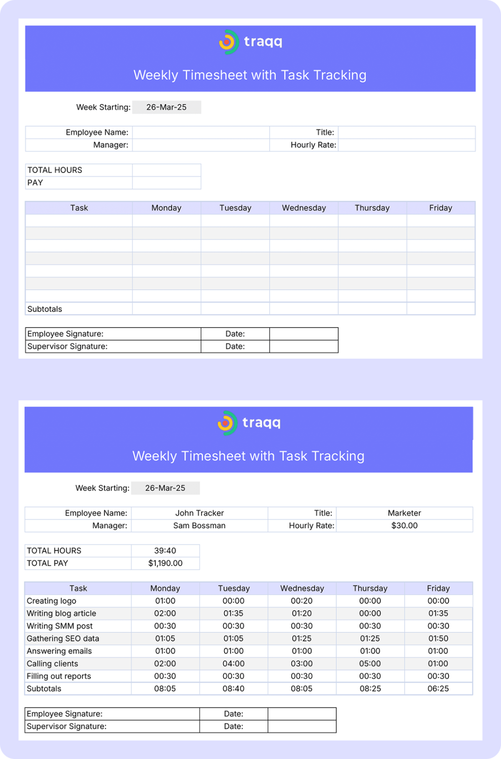 Free Printable and Downloadable Timesheet Templates | Traqq