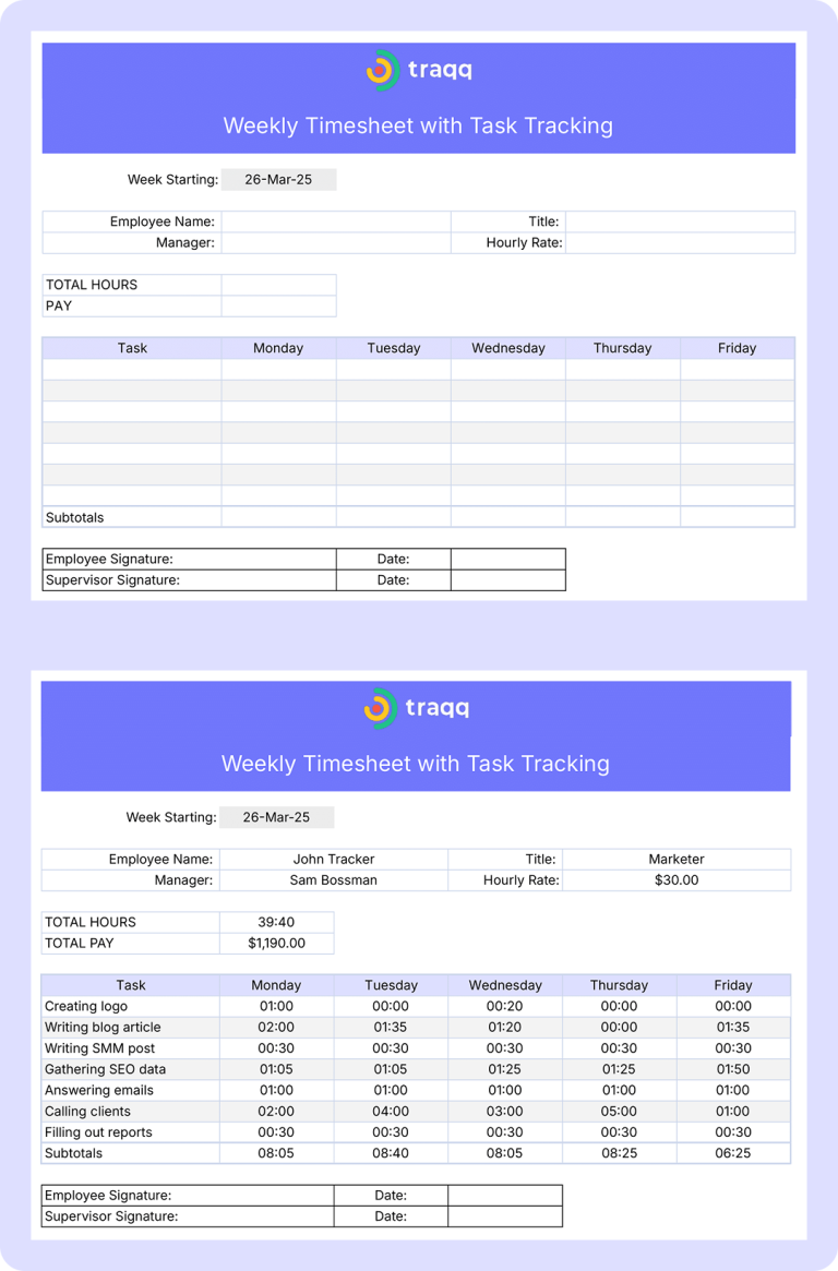 Free Printable and Downloadable Timesheet Templates | Traqq