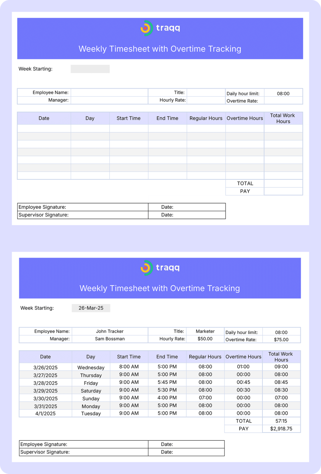 Free Printable and Downloadable Timesheet Templates | Traqq