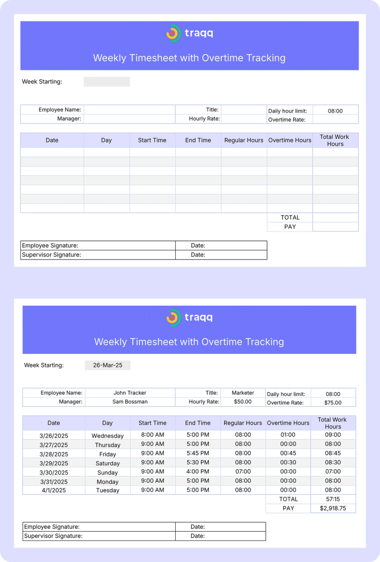 Free Printable and Downloadable Timesheet Templates | Traqq