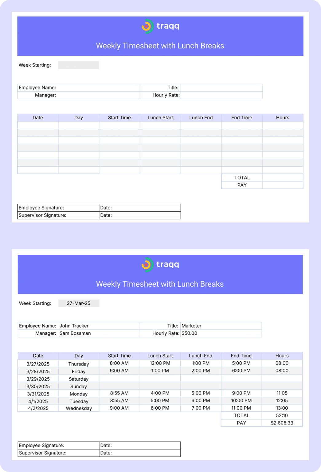 Free Printable and Downloadable Timesheet Templates | Traqq