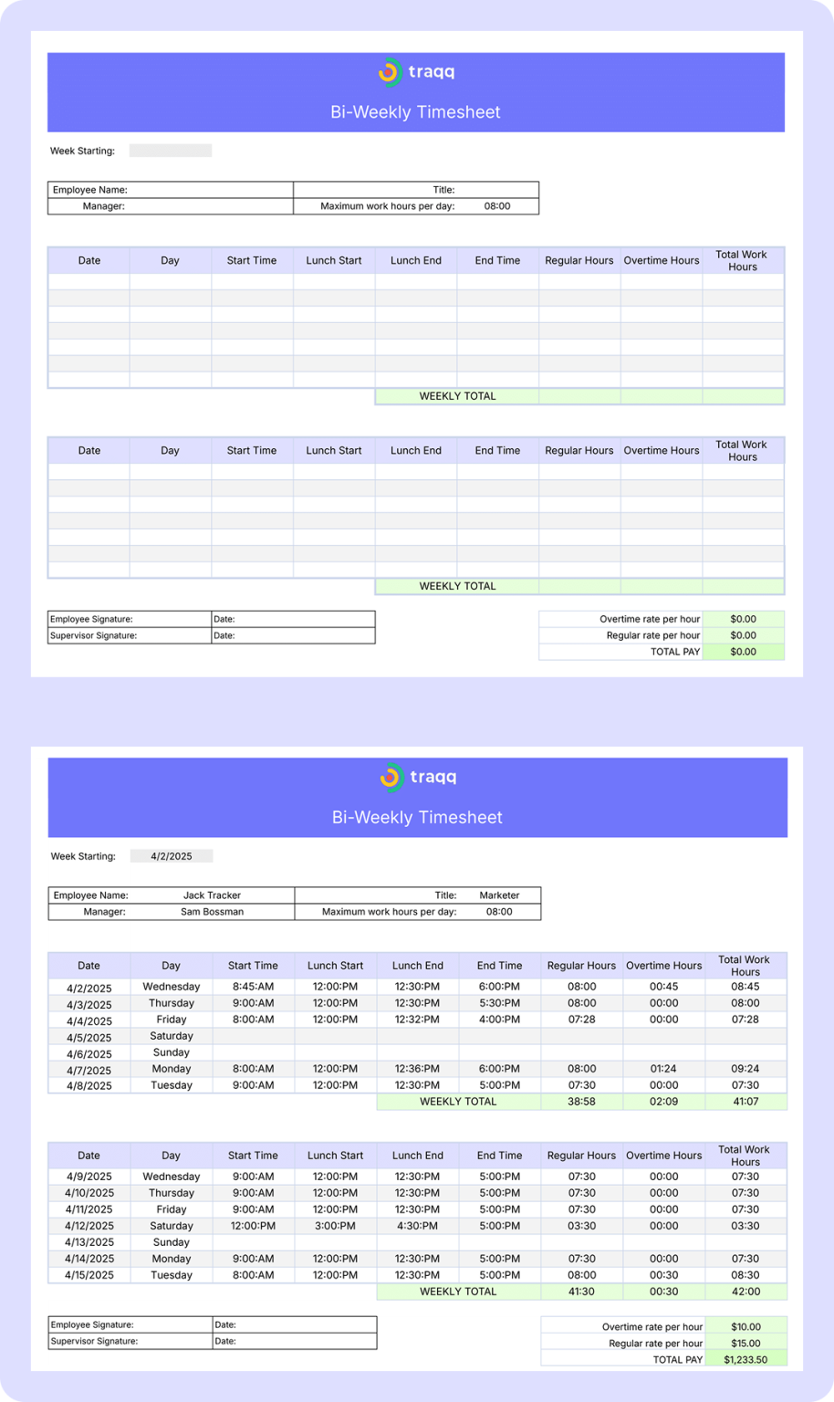 Free Printable and Downloadable Timesheet Templates | Traqq